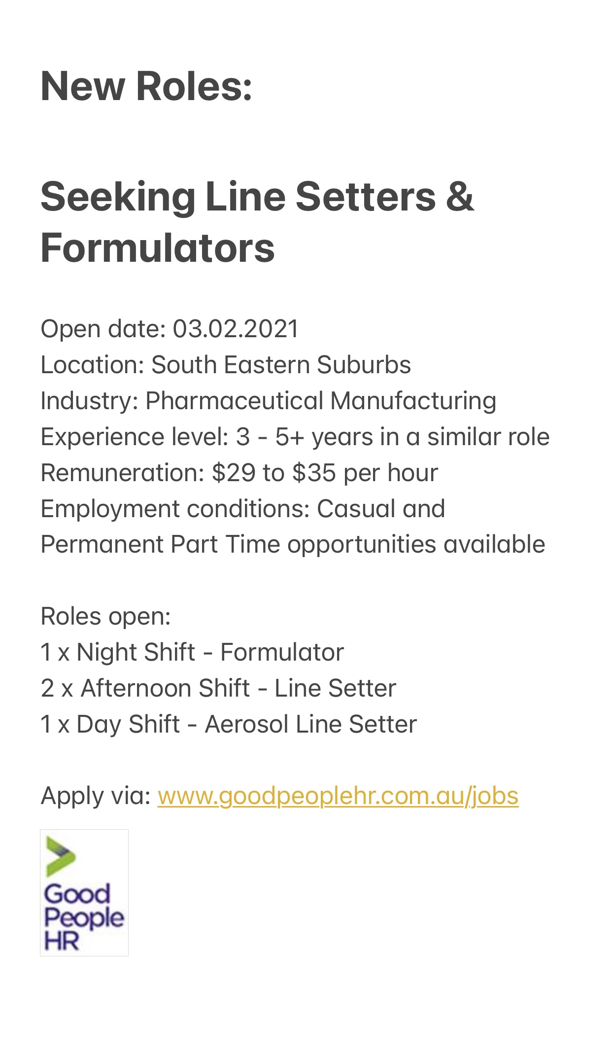 Seeking Line Setters and Formulators (New Roles) (Open Date 03.02.2021 ...